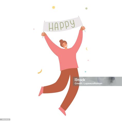 화려한 색종이 벡터 플랫 일러스트레이션으로 휴가를 축하하는 손을 들어 올리는 행복한 여성 여자는 선물 상자 배너 고립 된 친구들과 즐거운 깃발을 들고 있습니다 풍선과 깃발을