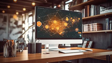 비즈니스 네트워크를 표시하는 컴퓨터 화면으로 사무실 모형의 3d 렌더링 키보드 마우스 건반 컴퓨터 키보드 배경 일러스트 및