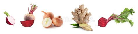 Collage With Different Root Vegetables On White Background Stock Image