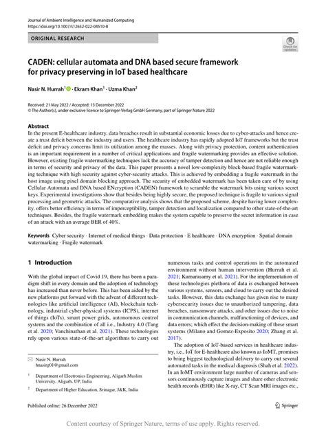 Caden Cellular Automata And Dna Based Secure Framework For Privacy Preserving In Iot Based
