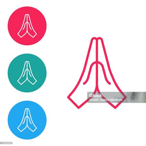 빨간색 선 흰색 배경에 고립 된 기도 위치 아이콘에 손 신앙과 소망으로 하나님께 기도하십시오 원 버튼으로 아이콘을 설정합니다 벡터 일러스트레이션 교회에 대한 스톡 벡터 아트