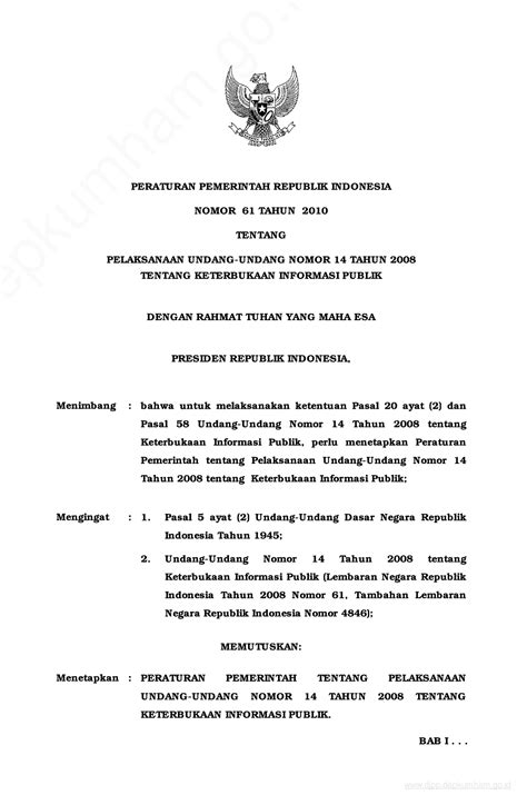 Pp No 61 Tahun 2010 PERATURAN PEMERINTAH REPUBLIK INDONESIA NOMOR 61