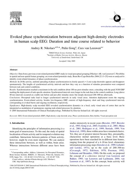 Pdf Evoked Phase Synchronization Between Adjacent High Density Electrodes In Human Scalp Eeg