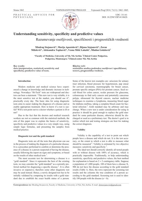 Pdf Understanding Sensitivity Specificity And Predictive Values