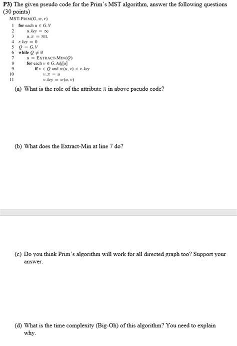 Solved 2 3 P3 The Given Pseudo Code For The Prims Mst