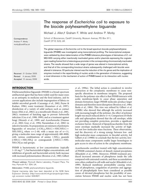 Allen 2006 The Response Of Escherichia Coli To Exposure To The Biocide Phmb Pdf
