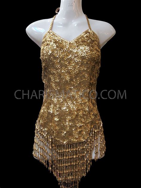 Liquid Metallic Gold Sequin Latin Dancer Leotard With Beaded Fringe