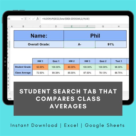 Excel Student Gradebook Template Class Average Calculator Digital
