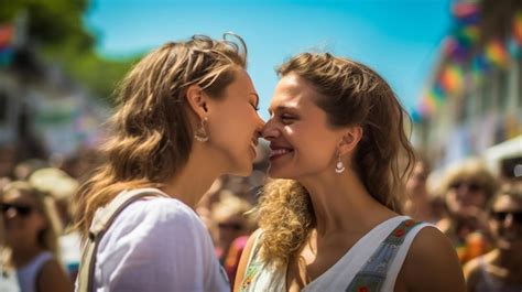 Premium Ai Image Two Women Kiss In Front Of A Crowd