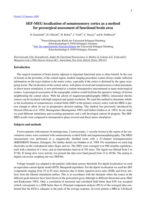 Pdf Sef Meg Localization Of Somatosensory Cortex As A Method For