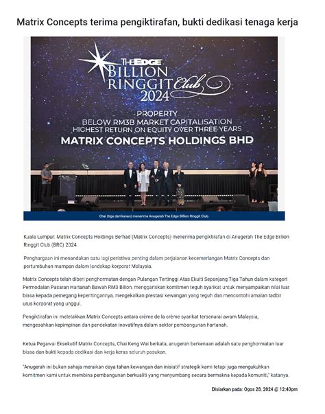 Harian Metro 28 August 2024 Matrix Concepts Terima Pengiktirafan Bukti Dedikasi Tenaga