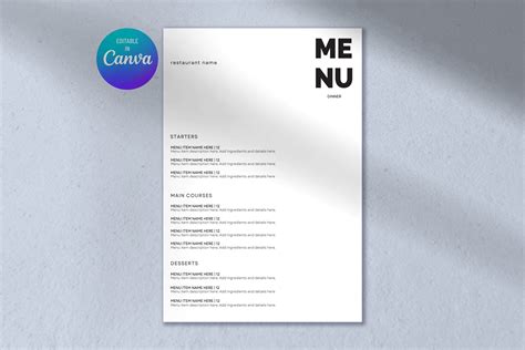 Editable Menu Canva Template Printable Restaurant Menu Etsy Australia