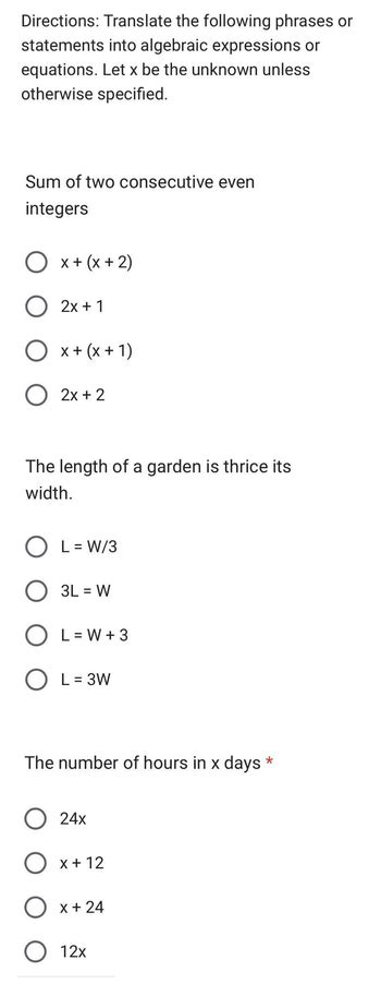 Answered Sum Of Two Consecutive Even Integers O X X 2 O 2x 1 O X X 1 O 2x 2 The