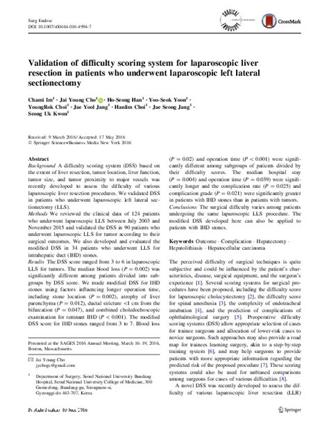 Pdf Validation Of Difficulty Scoring System For Laparoscopic Liver Resection In Patients Who