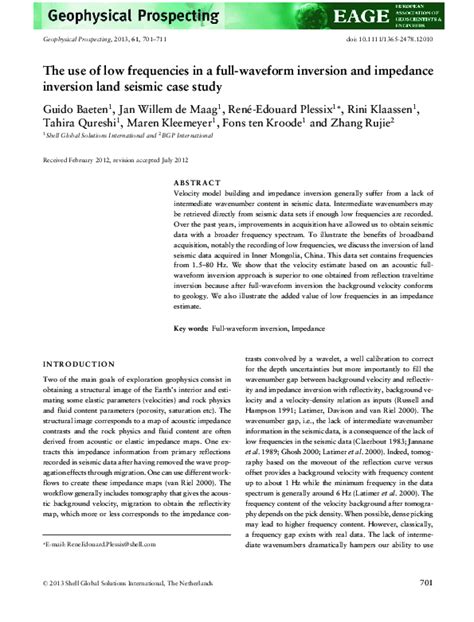 Pdf The Use Of Low Frequencies In A Full Waveform Inversion And Impedance Inversion Land