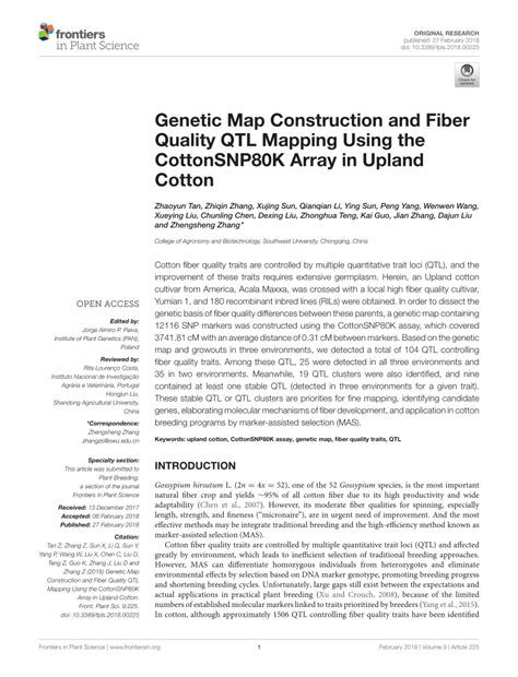 Pdf Genetic Map Construction And Fiber Quality Qtl Mapping Using The Cottonsnp80k Array In