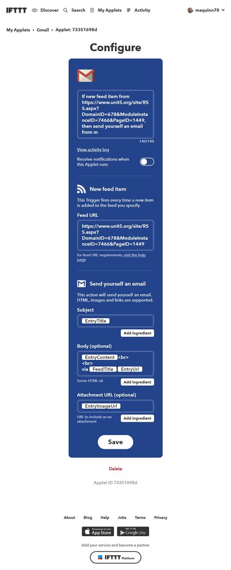 Help New Applet Not Running Rifttt