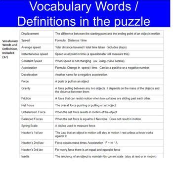 Force And Motion Vocabulary Puzzle Kinematics Tariza Puzzle Physics