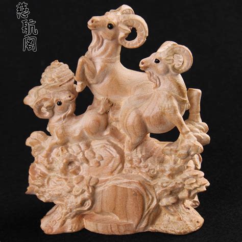 桃木三羊开泰摆件桃木原色木羊质木雕实木三阳开泰工艺品办公室虎窝淘