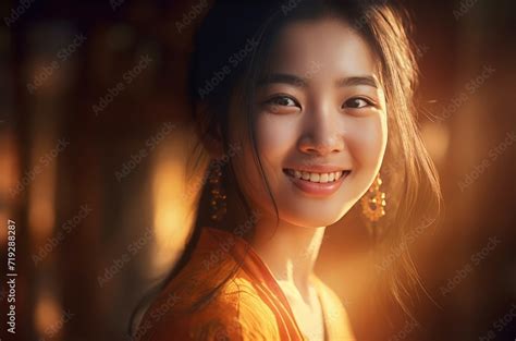 Bright Smiling Chinese Girl Smiling Asian Lady Sunlight Portrait