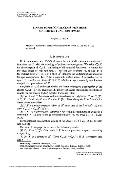 Pdf Linear Topological Classifications Of Certain Function Spaces