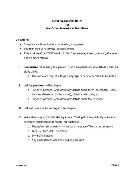Nonfiction Reading Analysis Notes For Memoirs Or Narratives Handout