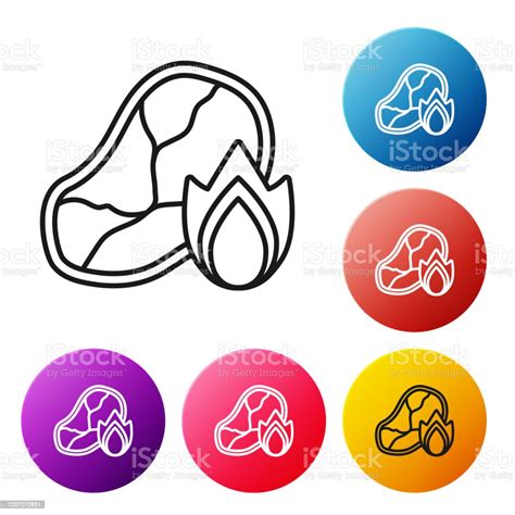 검은 선 구운 스테이크 고기와 흰색 배경에 고립 된 불꽃 아이콘 아이콘 다채로운 원 버튼을 설정합니다 벡터 일러스트레이션 고기에 대한 스톡 벡터 아트 및 기타 이미지