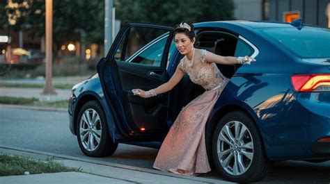 A Woman Is Getting Out Of A Car With A Dress On The Door Premium Ai