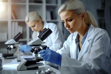 Premium AI Image Two Women In Lab Coats Look Through A Microscope