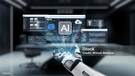 첨단 Ai 인터페이스와 상호 작용하는 미래형 로봇 손은 하이테크 작업 공간에서 데이터 분석 및 디지털 정보를 표시합니다 오바나 0명에 대한 스톡 사진 및 기타 이미지