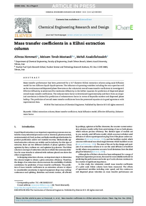 Pdf Mass Transfer Coefficients In A Kühni Extraction Column