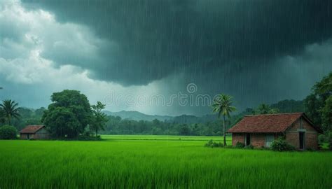 Dramatic Monsoon Rain Over Lush Green Paddy Field In Rural India
