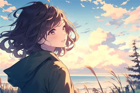 Premium Photo Anime Girl Side View Joyful Expression Happy Face Sky