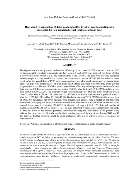 Pdf Reproductive Parameters Of Dairy Goats Submitted To Estrus Synchronization With