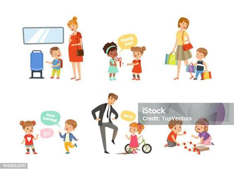 예의 바른 소년과 소녀는 여자에게 자리를 양보하고 고맙다고 말하고 쇼핑백을 돕고 나르는 벡터 일러스트레이션 세트 아이에 대한 스톡 벡터 아트 및 기타 이미지 Istock