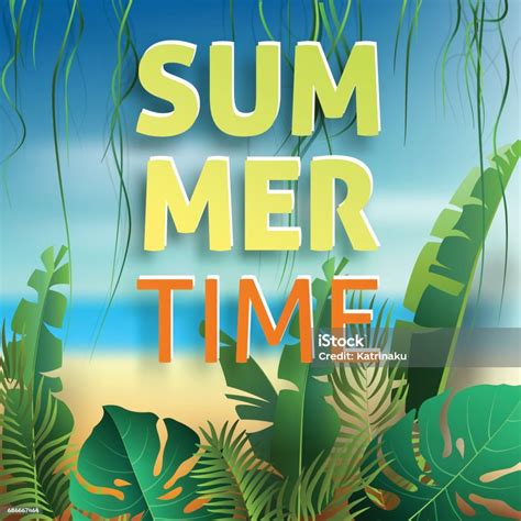 안녕하세요 여름 여름 열대 식물의 배경에 대한 텍스트 포스터 판매용 포스터 및 광고 표지판 벡터 일러스트레이션 공휴일에 대한