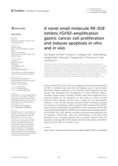 Pdf A Novel Small Molecule Rk 019 Inhibits Fgfr2 Amplification Gastric Cancer Cell