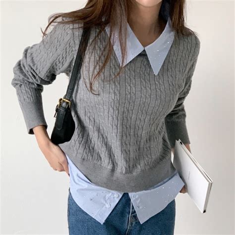 여자 코디 Fw 반짝 출근룩 큐빅남방 니트