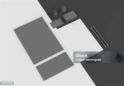그래픽 디자이너 프리젠 테이션 및 포트폴리오에 대한 흑백 배경에 Id를 브랜딩하기위한 기본 회색 문구 모형 템플릿 3d 렌더링 3차원 형태에 대한 스톡 사진 및 기타 이미지
