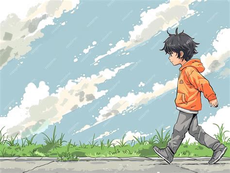 Anime Boy Walking On Sidewalk With Orange Jacket And Gray Pants
