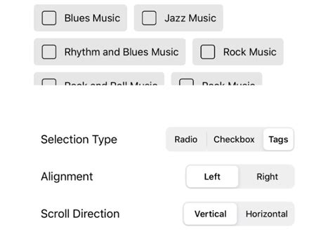 provide selection type radio checkbox and tag