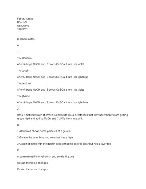 Biochem Notes For Nursing Felicity Oreza Bsn1 D Group 5 10 23 Biochem Notes A 1 1 Albumin