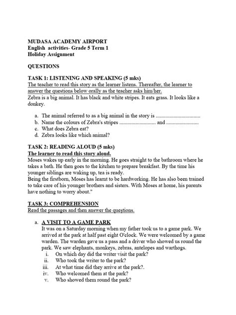 English Holiday Assignment Pdf