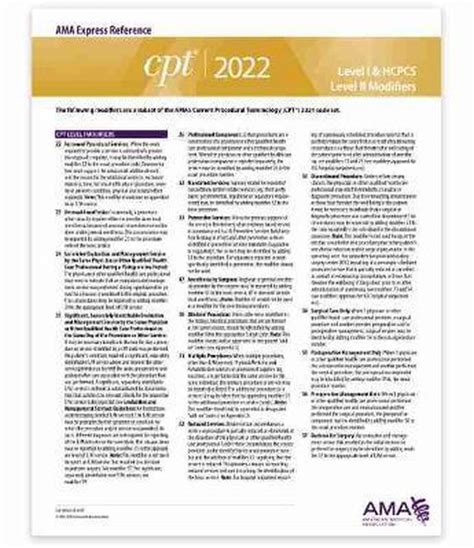Cpt Express Reference Coding Card 2022 Level I And Hcpcs Level Ii Modifiers