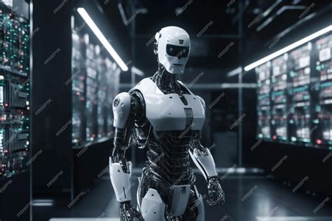 Premium Ai Image 3d Rendering Humanoid Robot Working In Data Center Room Or Server Room