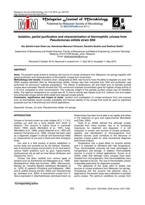 Pdf Isolation Partial Purification And Characterization Of Thermophilic Uricase From