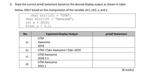 Solved 3 State The Correct Printf Statement Based On The