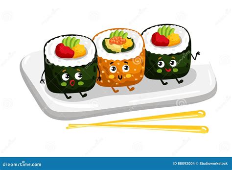 Funny Sushi Roll Set On Plate Cartoon Character Stock Vector