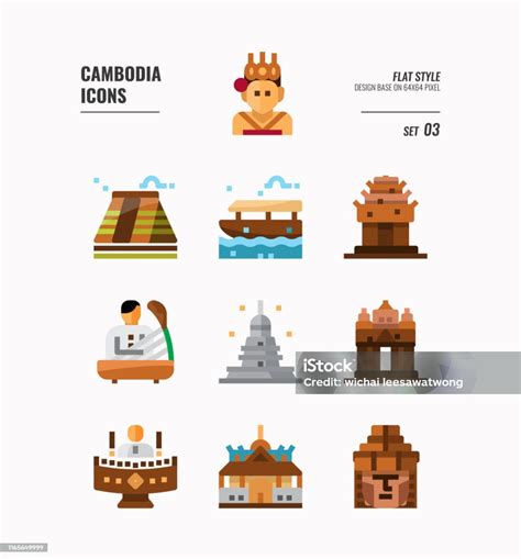 캄보디아 아이콘 세트 3 랜드마크 음악 사람 문화 등을 포함합니다 평면 아이콘 디자인입니다 벡터 일러스트레이션 반티아이 스레이에 대한 스톡 벡터 아트 및 기타 이미지