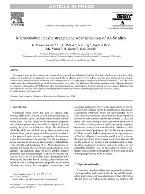 Microstructure Tensile Strength And Wear Behaviour Of AlÃ¢Â€Â“sc Alloy